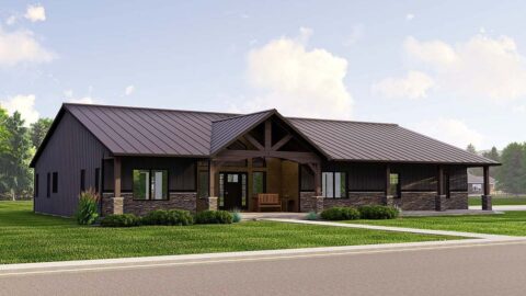 Rustic Barndo Style House Plan with Wood and Stone