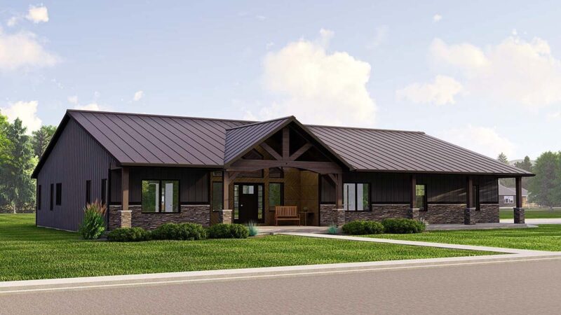 Rustic Barndo Style House Plan with Wood and Stone